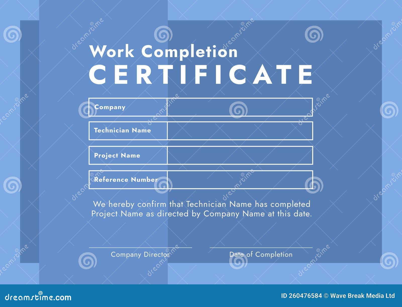 Image of Template of Work Completion Certificate on Blue Background ...