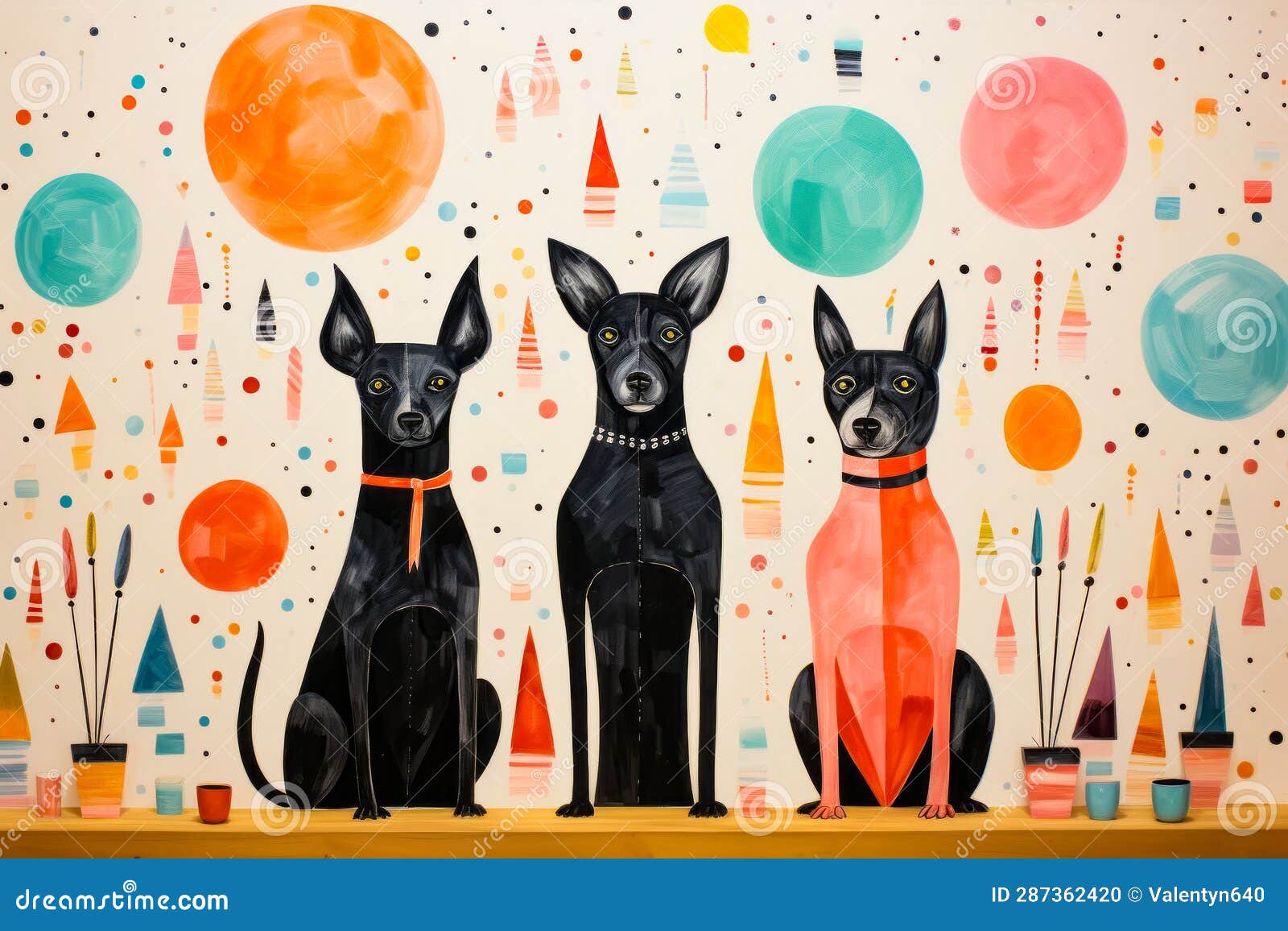 Image of Three Black Dogs Sitting on Shelf in Front of Colorful ...