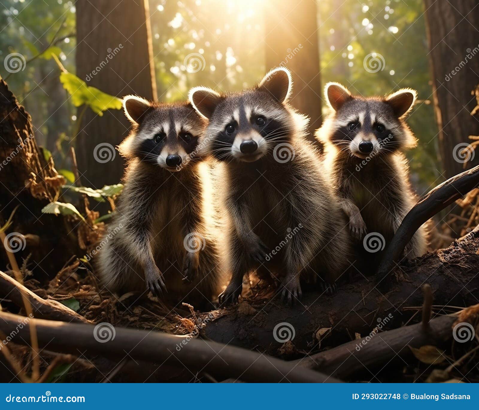 Three Racoons are Standing in a Forest. Stock Illustration ...