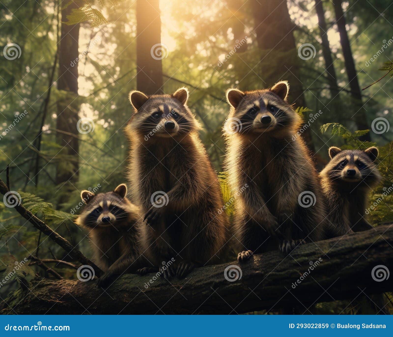 Three Racoons are Standing in a Forest. Stock Illustration ...