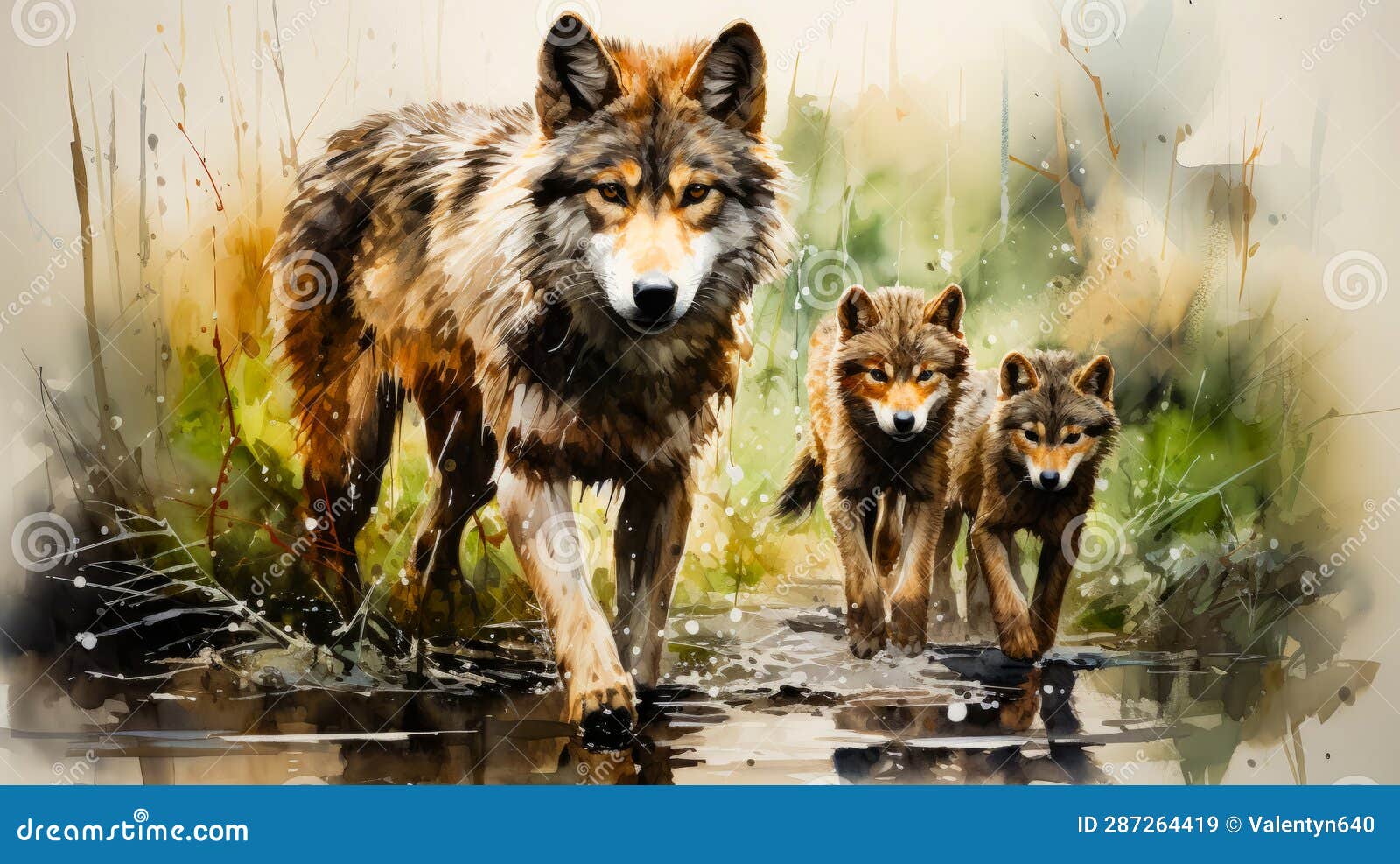Image of Three Wolfs Walking through Puddle of Water. Generative AI ...