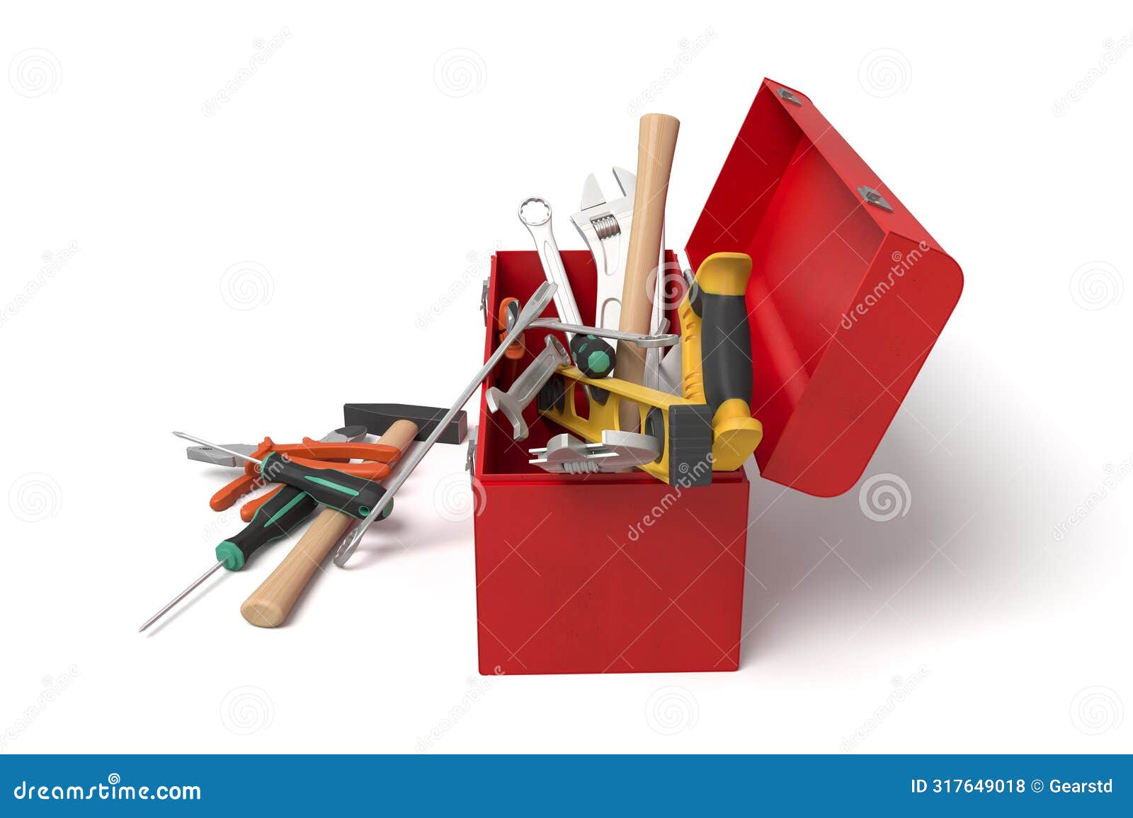 Tilted Red Toolbox with Tools Falling Out Stock Photo - Image of wrench ...