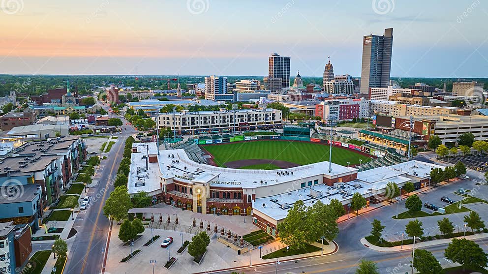TinCaps Stadium at Parkview Field Aerial Sunrise Over Downtown Fort ... TinCaps Stadium at Parkview Field Aerial Sunrise Over Downtown Fort ...