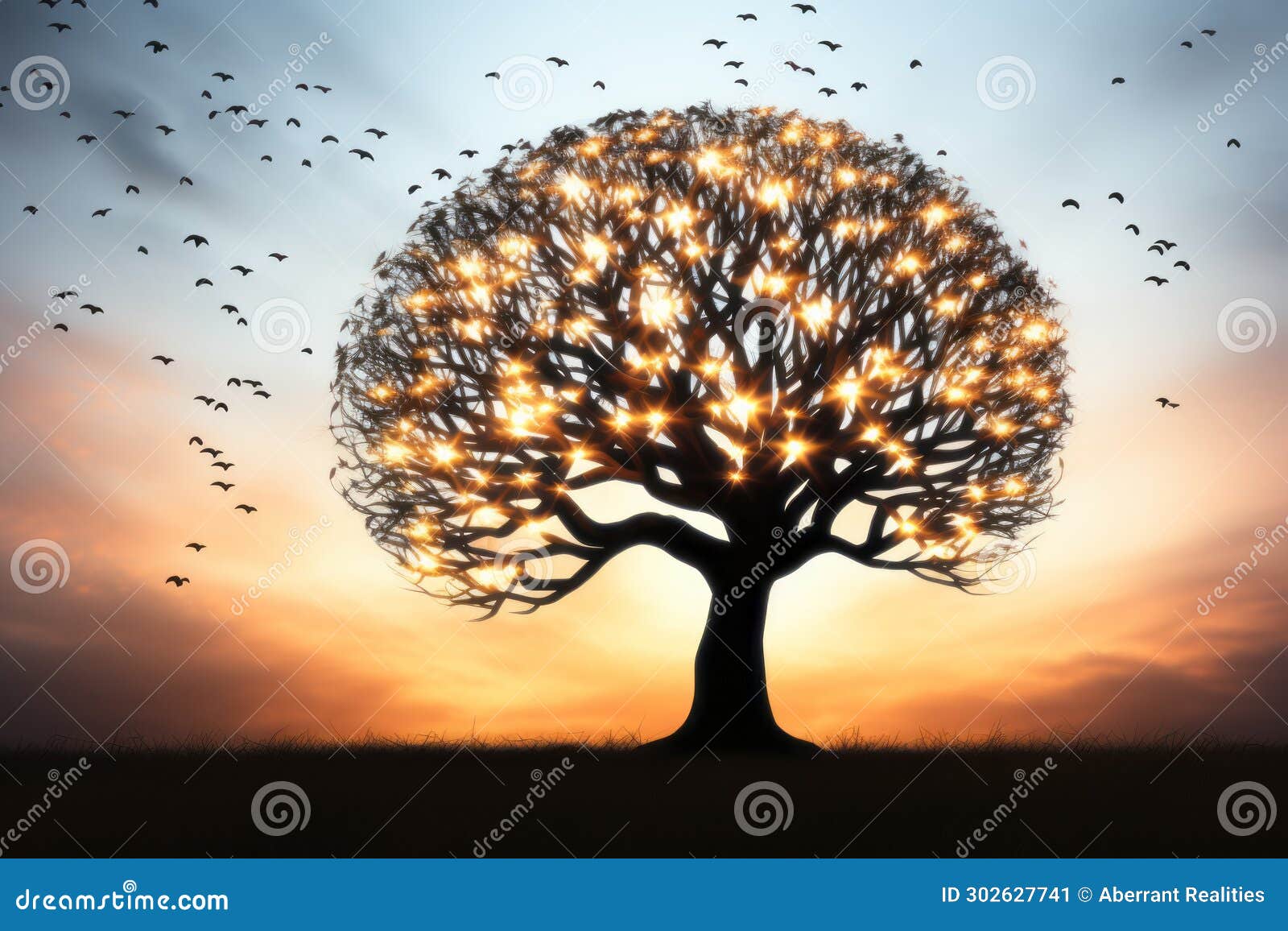 An Image of a Tree with Birds Flying Around it Stock Illustration ...