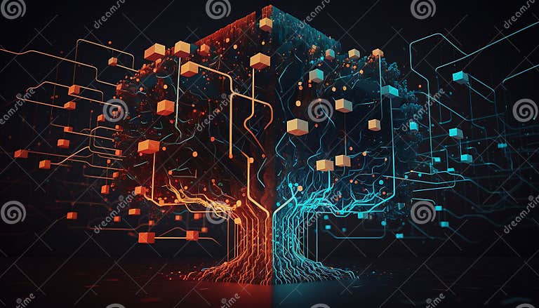 Image of a Tree Connectad Network Cyber Data with Dots and Lines ...