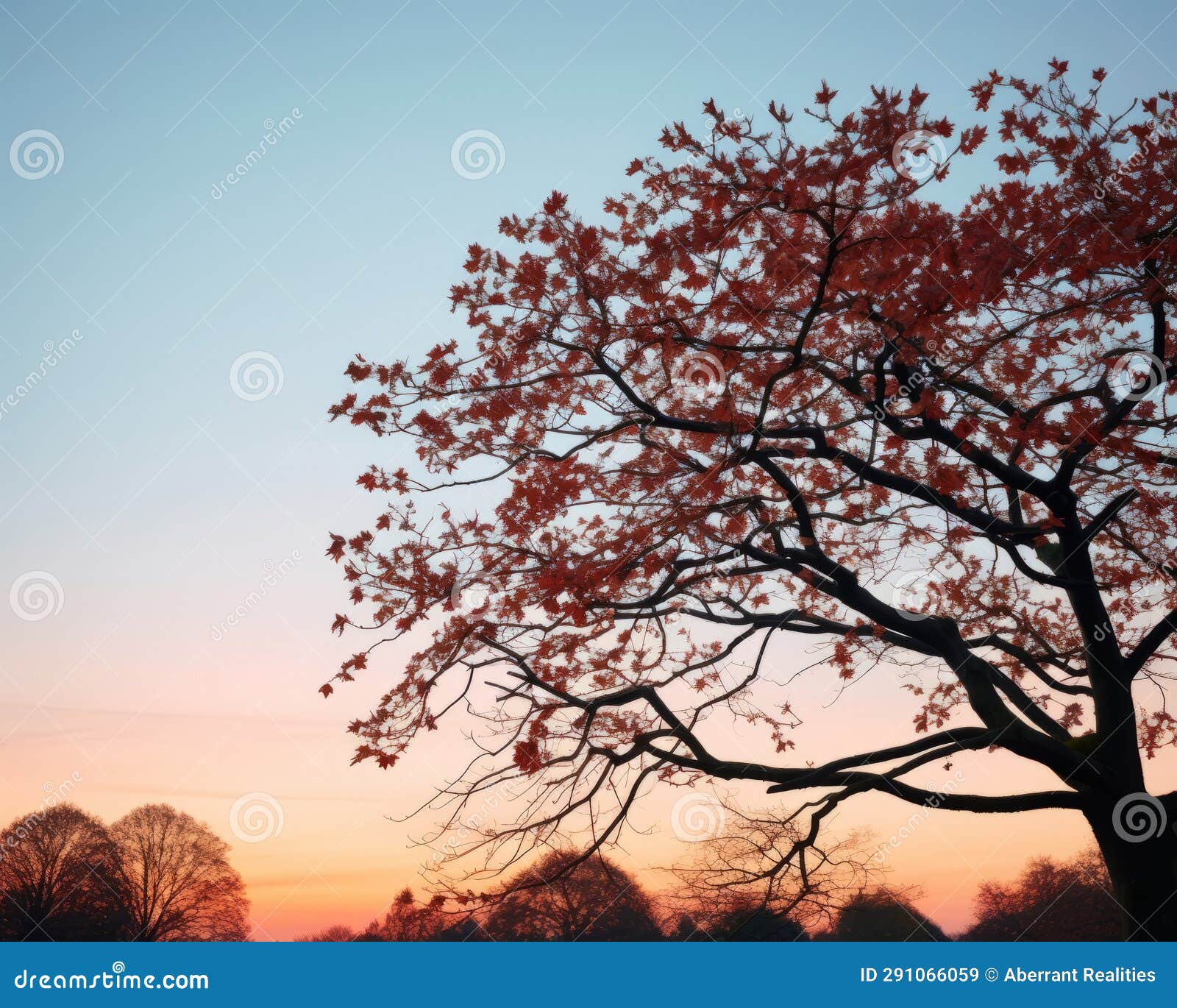 An Image of a Tree with Red Leaves at Sunset Stock Illustration ...