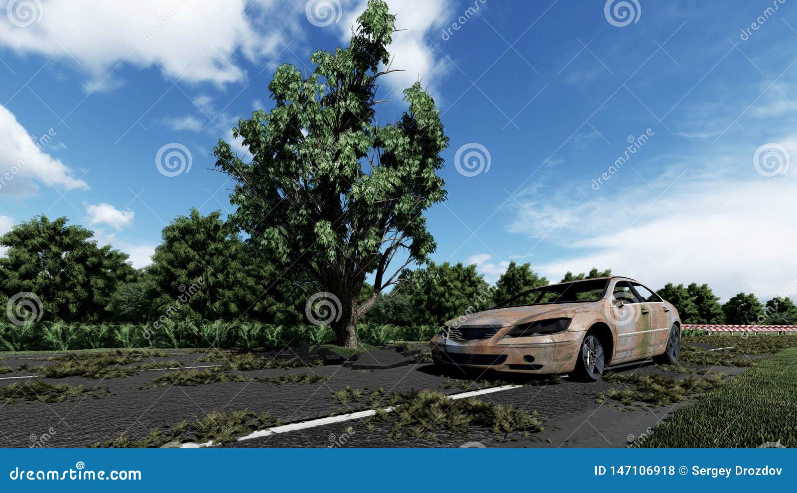 Tree on the Road and Old Car Stock Illustration - Illustration of ...