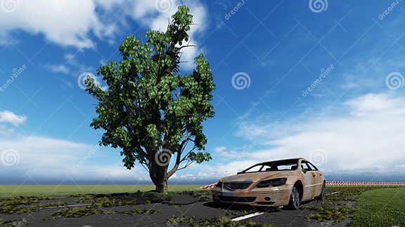 Tree on the Road and Old Car Stock Illustration - Illustration of ...