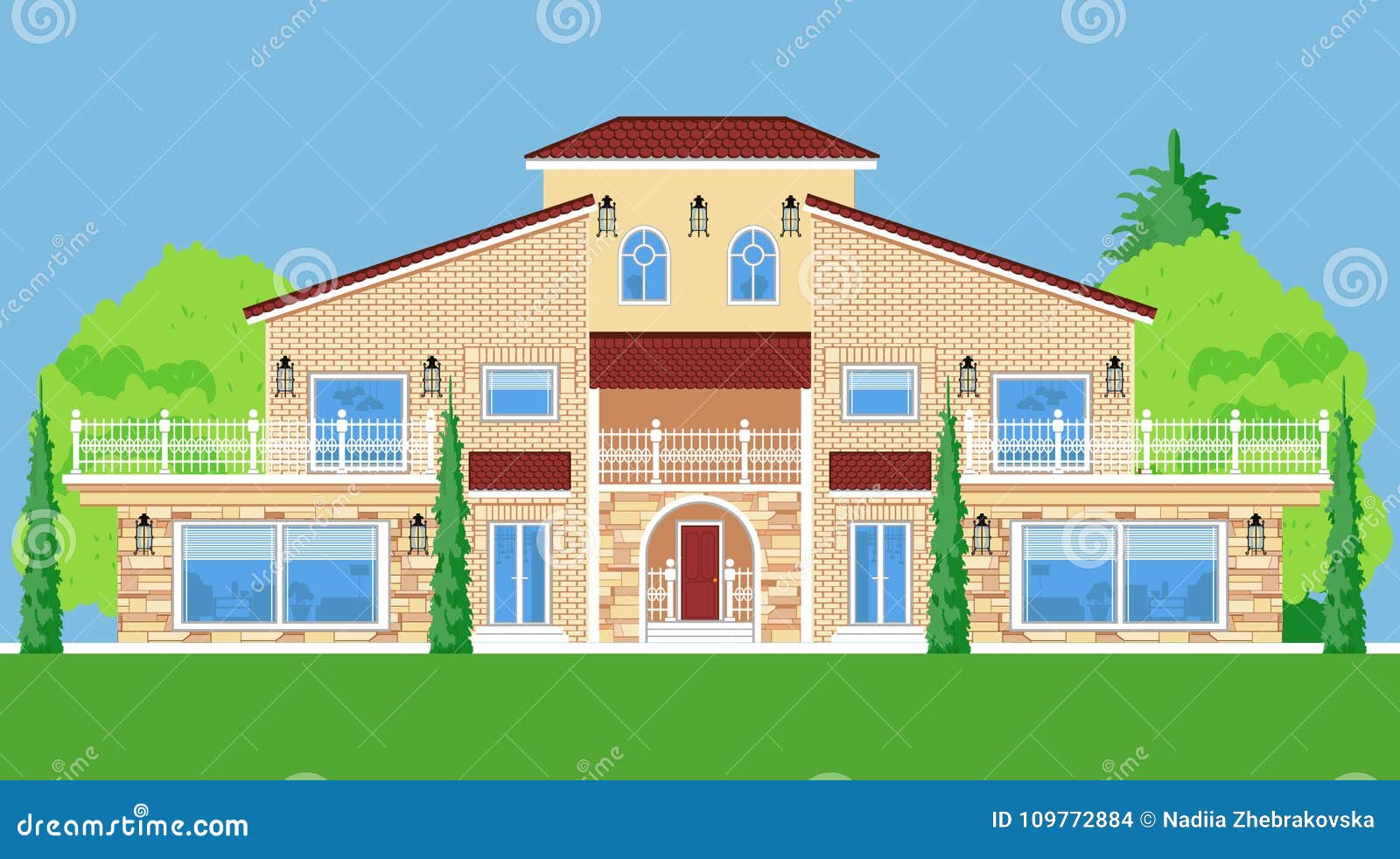 Image of Tree-storey Villa with Trees. Stock Vector - Illustration of ...