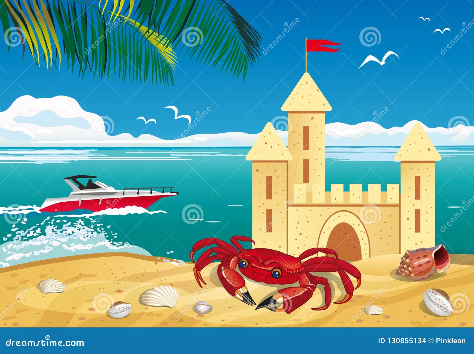 Image of Tropical Beach with Sand Castle, Boat and Crab Stock ...