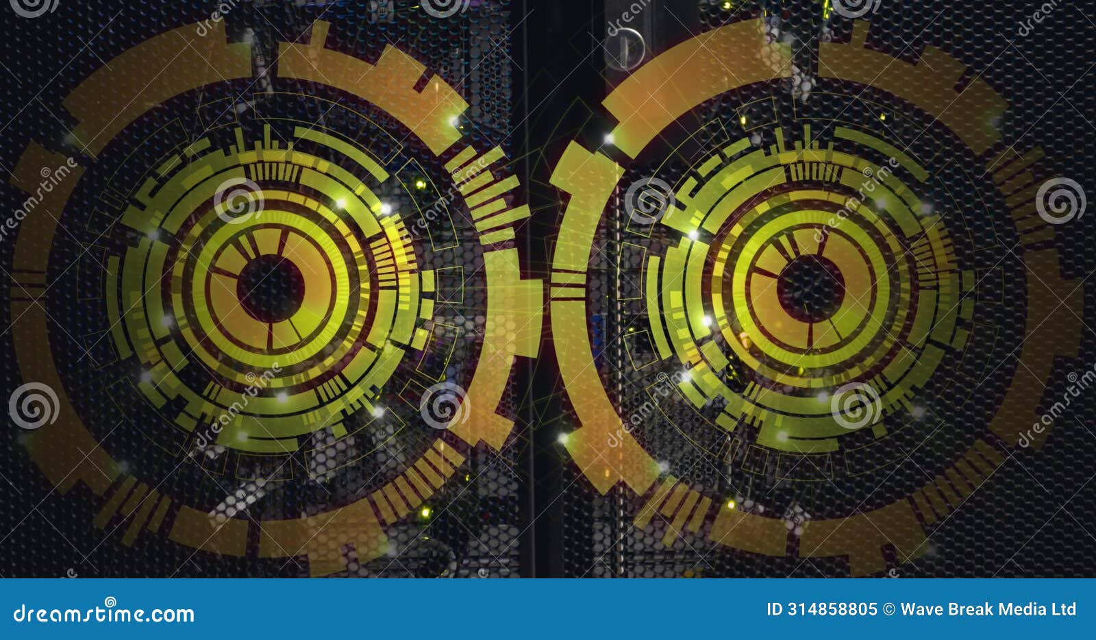 Image of Two Round Scanners Spinning Against Computer Server Room Stock ...