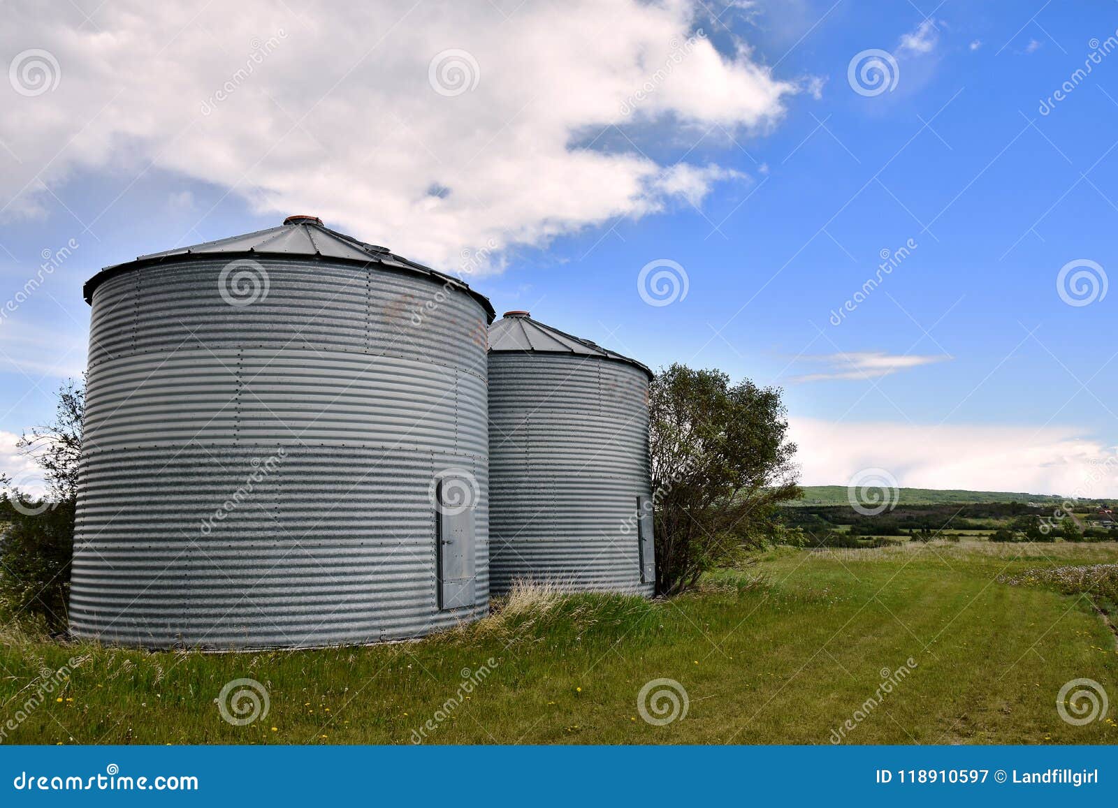 Two Grain Bin Silos stock image. Image of bins, trees - 118910597