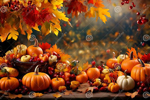 Autumnal Abundance: a Variety of Pumpkins Amidst Fall Elements Stock ...