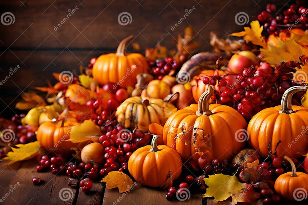 Autumnal Abundance: a Variety of Pumpkins Amidst Fall Elements Stock ...