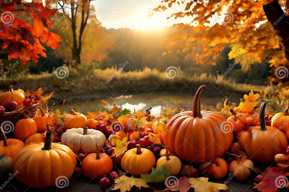 Autumnal Abundance: a Variety of Pumpkins Amidst Fall Elements Stock ...