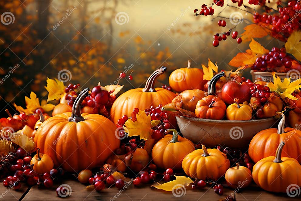 Autumnal Abundance: a Variety of Pumpkins Amidst Fall Elements Stock ...