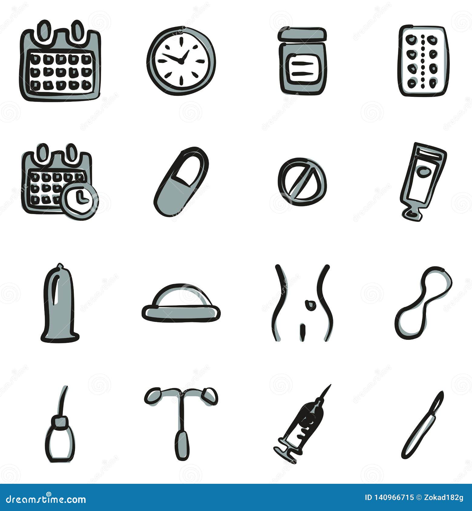Contraception Methods Icons Freehand 2 Color Stock Vector