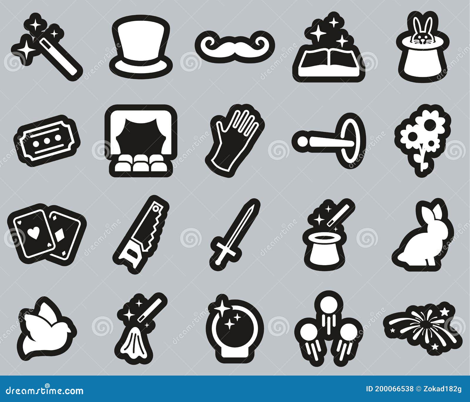 Magic & Illusion Icons White on Black Sticker Set Big Stock Vector ...