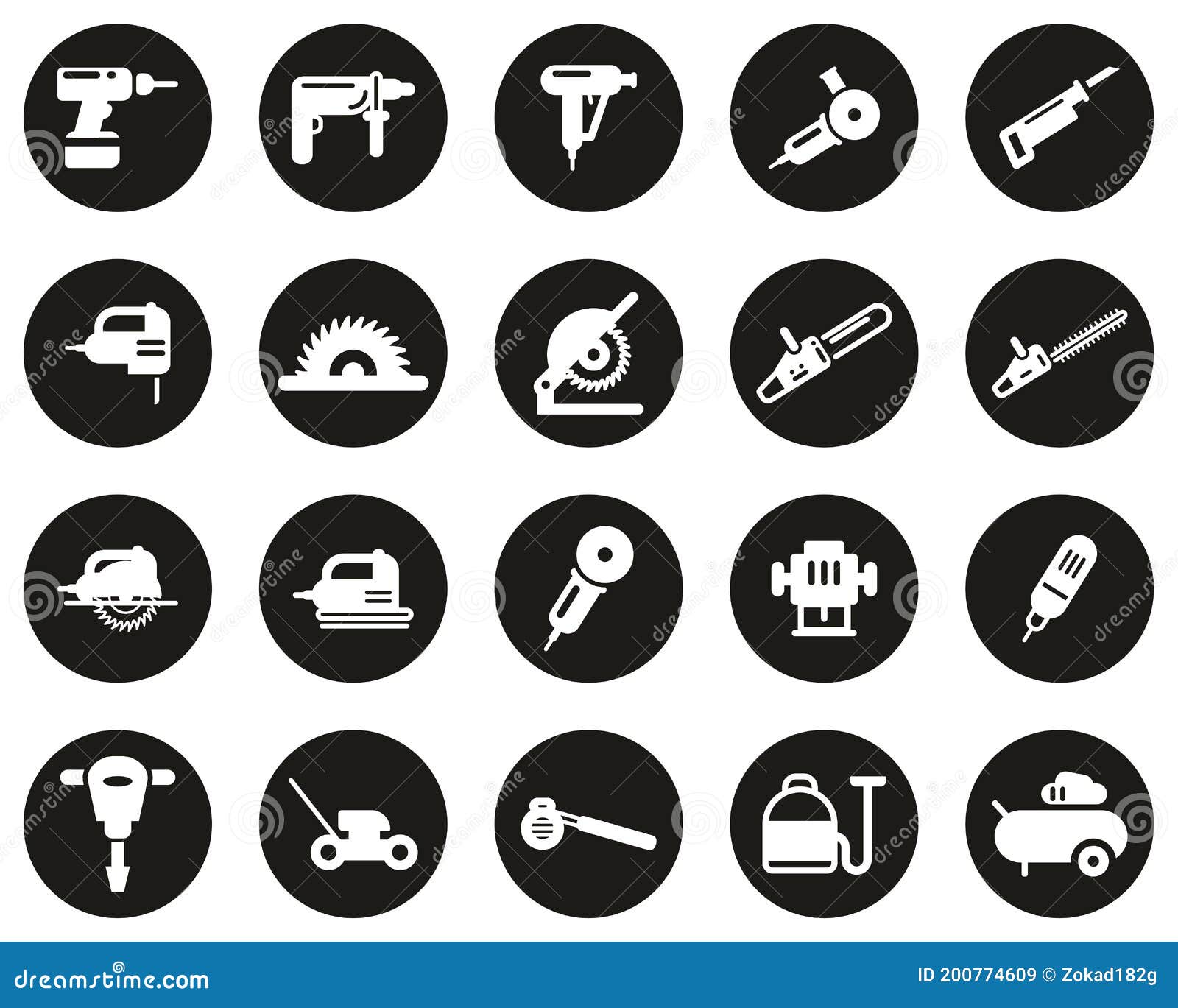 Power Tools Icons White on Black Flat Design Circle Set Big Stock ...