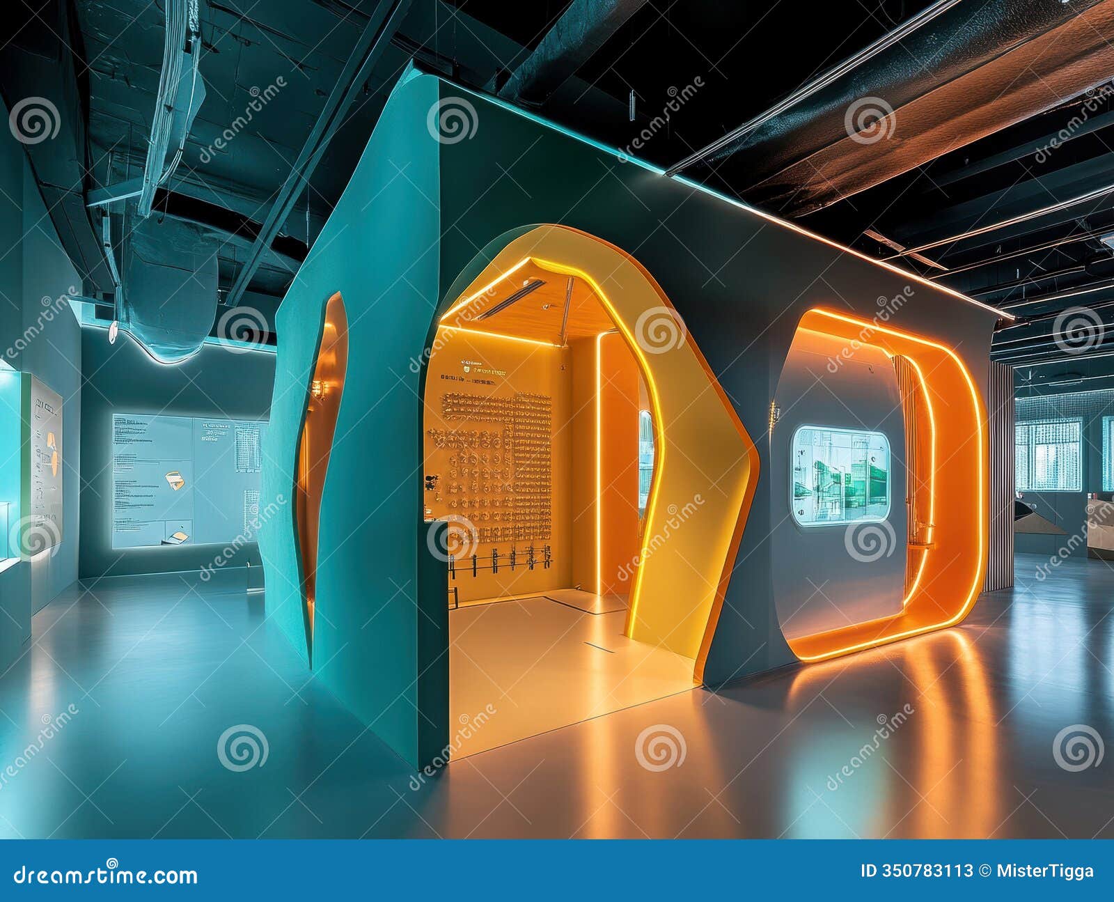Image of a Vibrant Blue and Yellow Lit Room with a Partially Enclosed ...