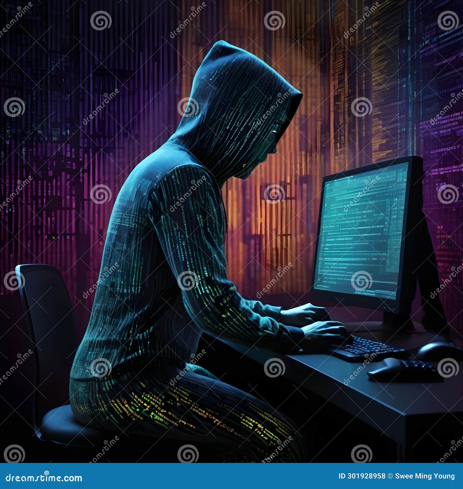 Image of a Vibrant Cascading of Colorful Silhouette Cyber Crime Hacker ...