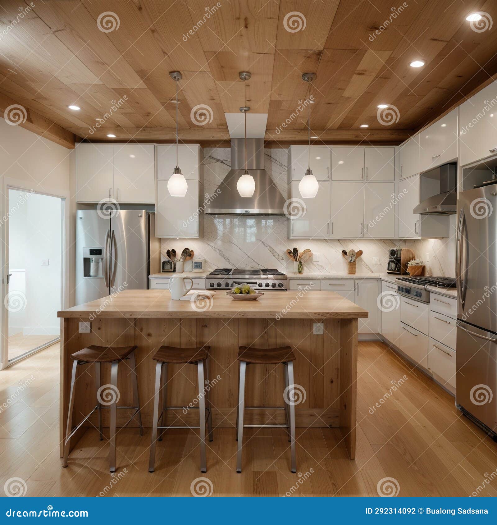 View of a Modern White Kitchen, in the Foreground, is the Island ...