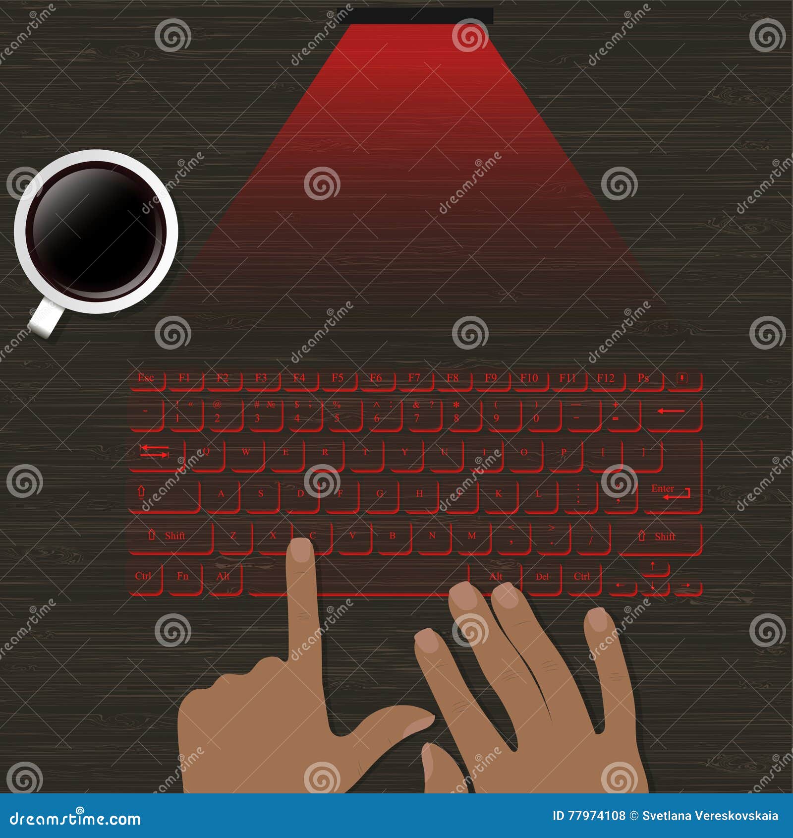 Virtual Laser Keyboard Red On Black Background Cartoon Vector ...