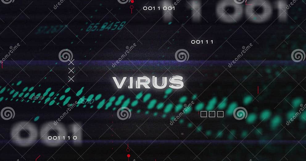 Image of Virus Text, Binary Codes Over Circuit Board Pattern Against Graphs on Black Background ...