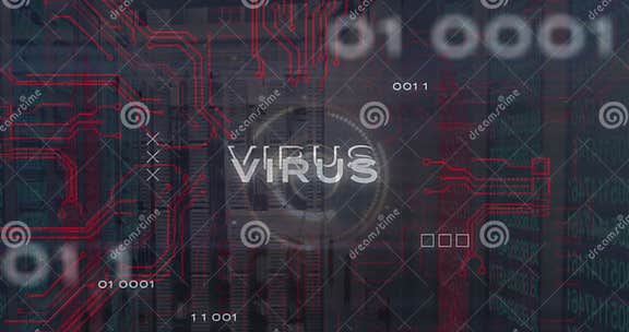 Image of Virus Text on Circles, Circuit Board Pattern, Binary Codes ...