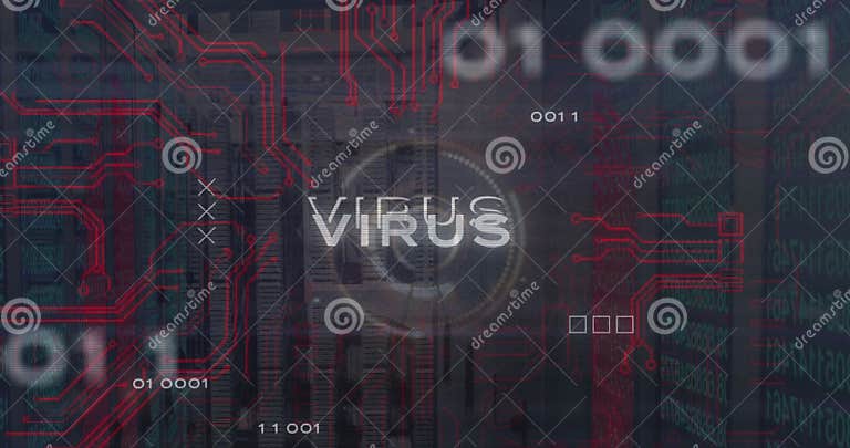 Image of Virus Text on Circles, Circuit Board Pattern, Binary Codes, Numbers on Server Room ...