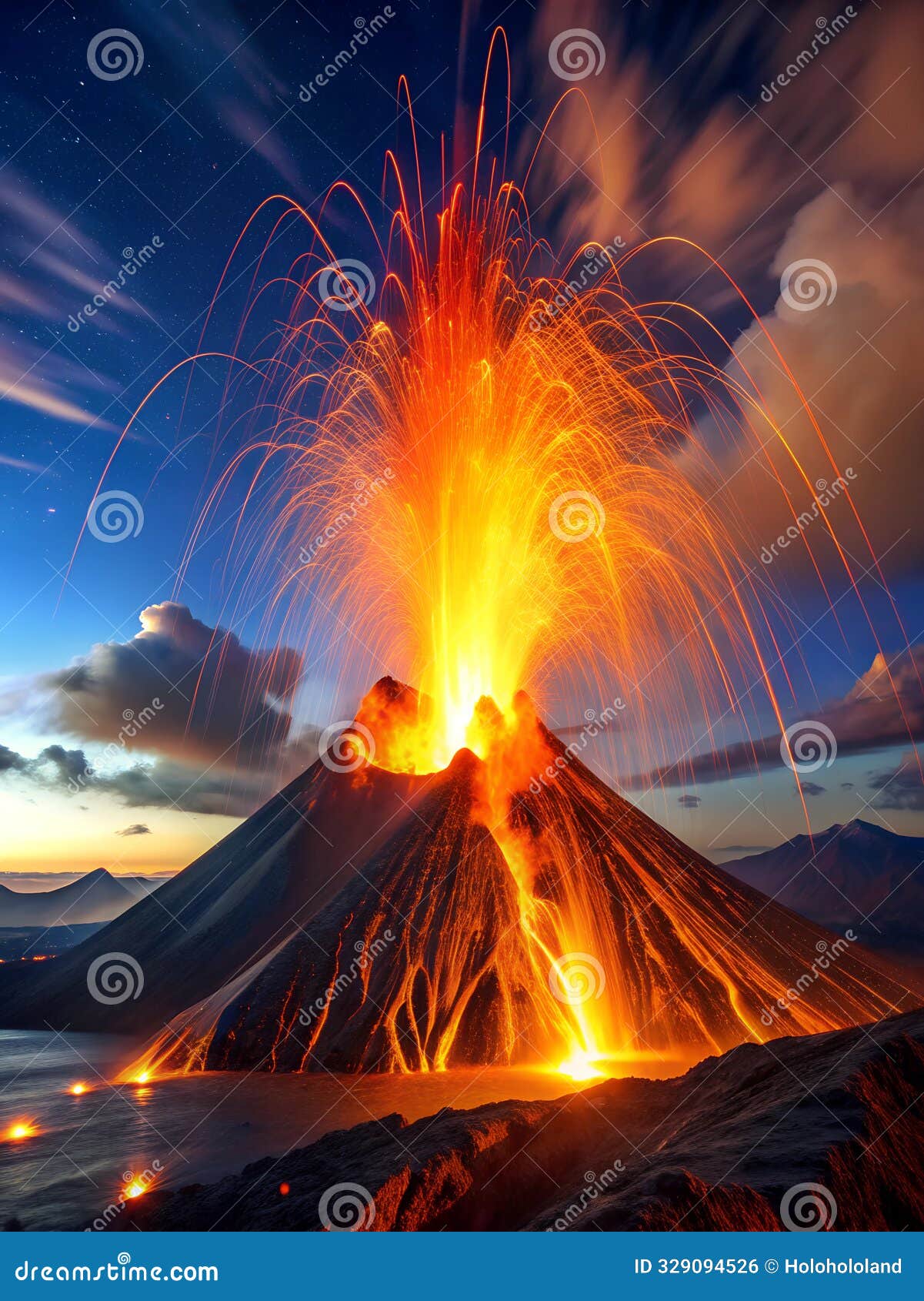 Image of a Volcano Erupting with Sparks and Lava Flowing Out, with a ...