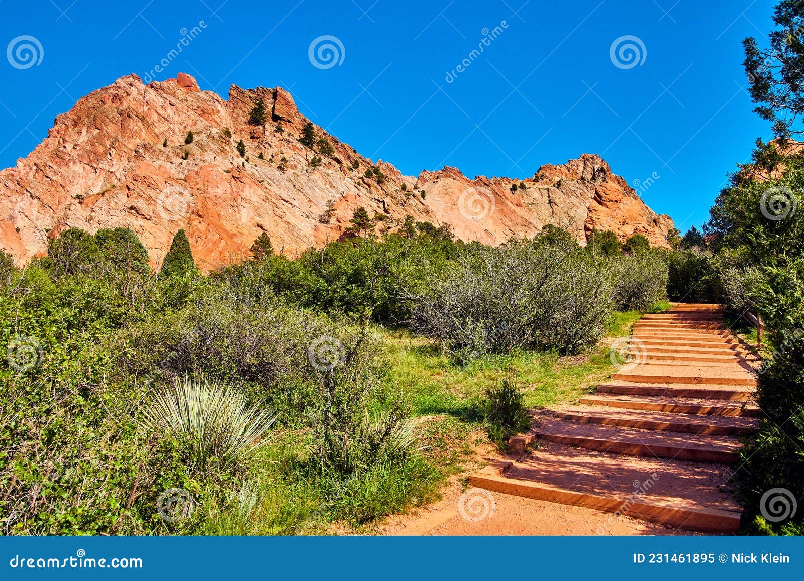 Walking Desert Path Steps with Desert Plants and Red Mountains with ...