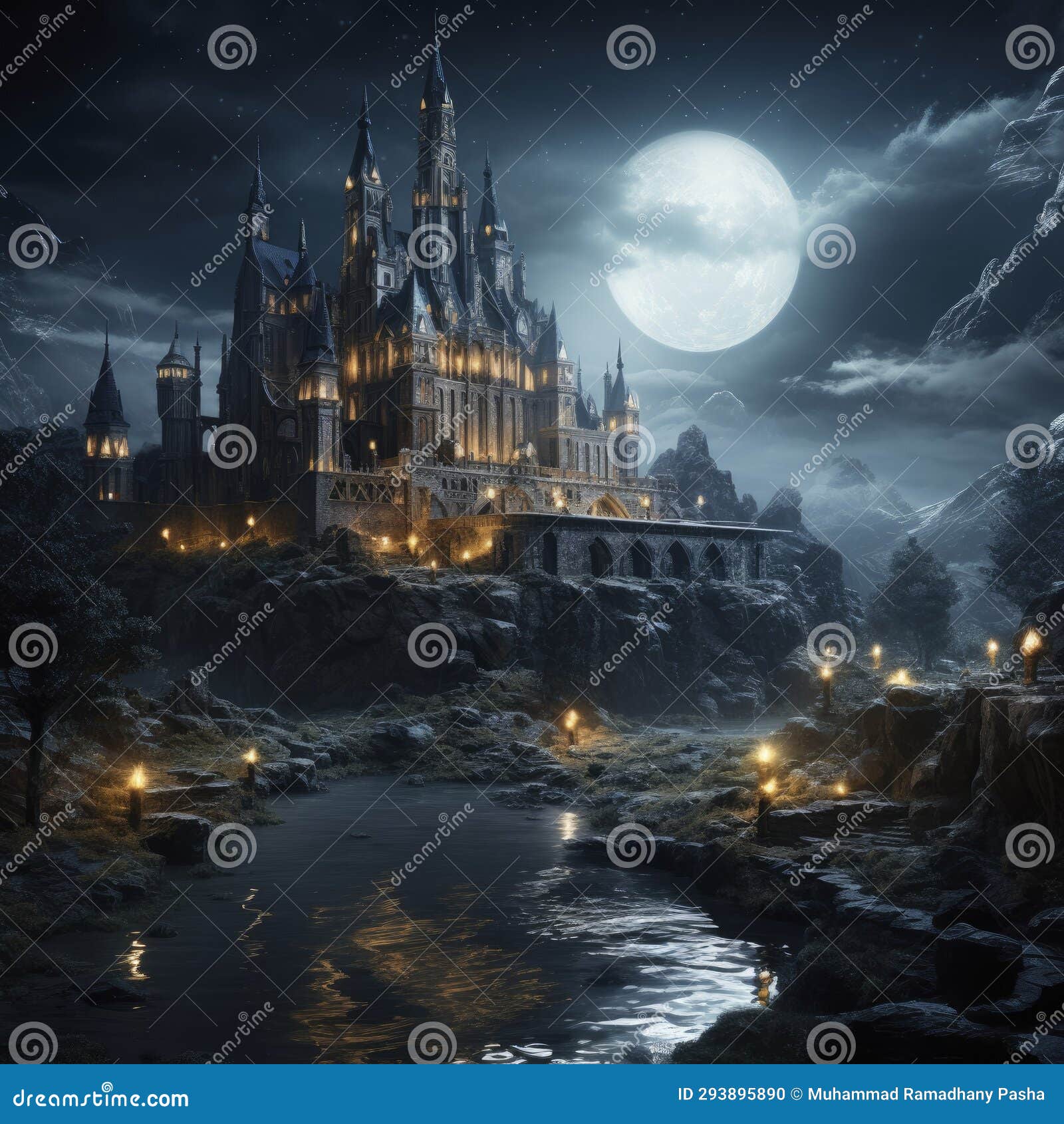 3D Rendering of an Epic Castle Scenery in Majestic Night Sky and Highly ...
