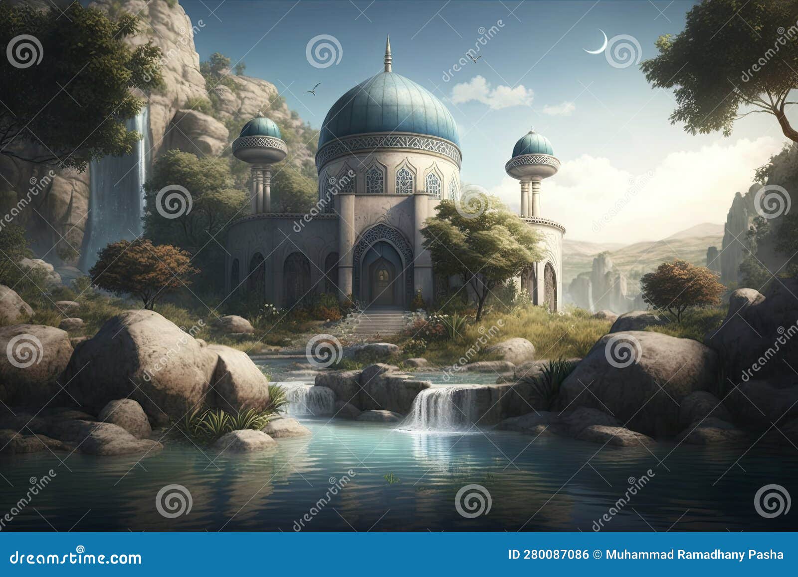 Mosque with a Background of Waterfall and Flowing River, Digital ...