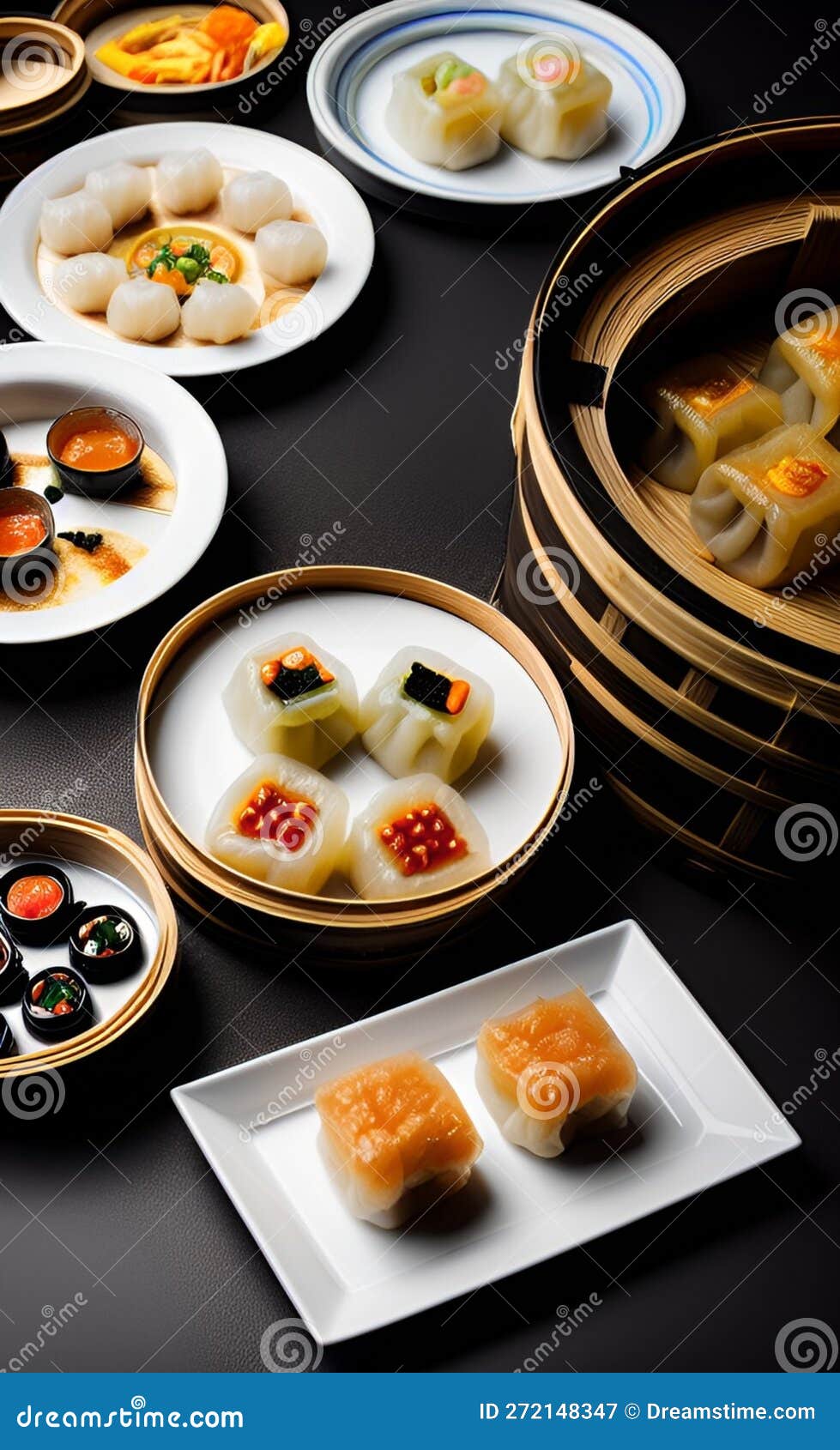 Close Up on Assorted Dim Sum in White Dishes on a Dark Table Stock ...