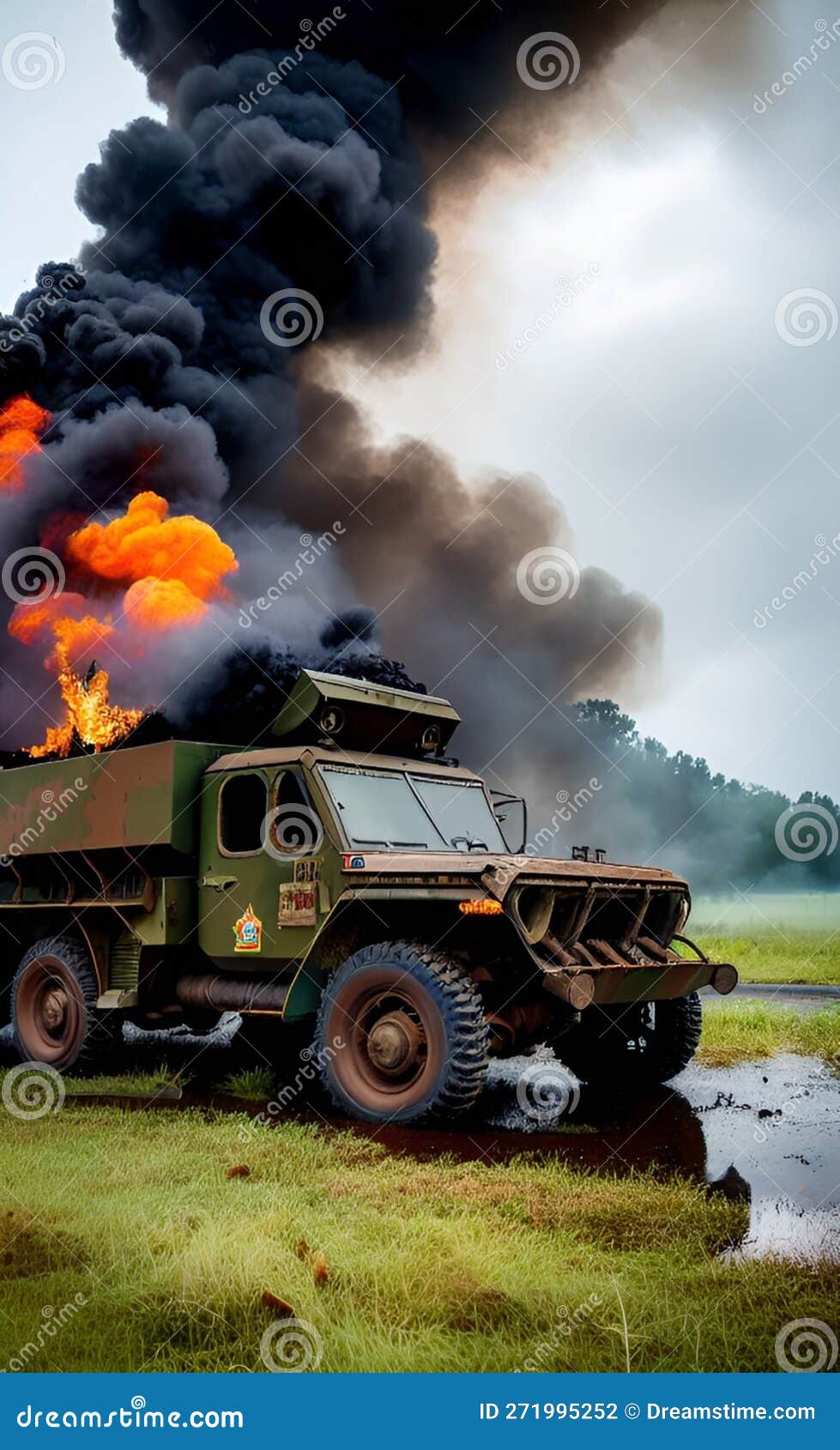 Exploded Military Vehicle in a War Zone, Fire on the Background Stock ...