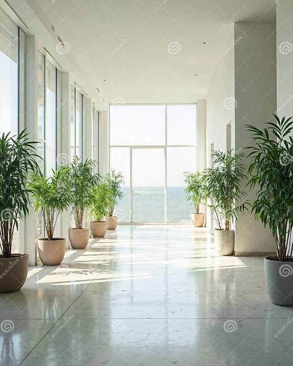 Modern Light-Filled Corridor with Greenery and Floor-to-Ceiling Windows ...