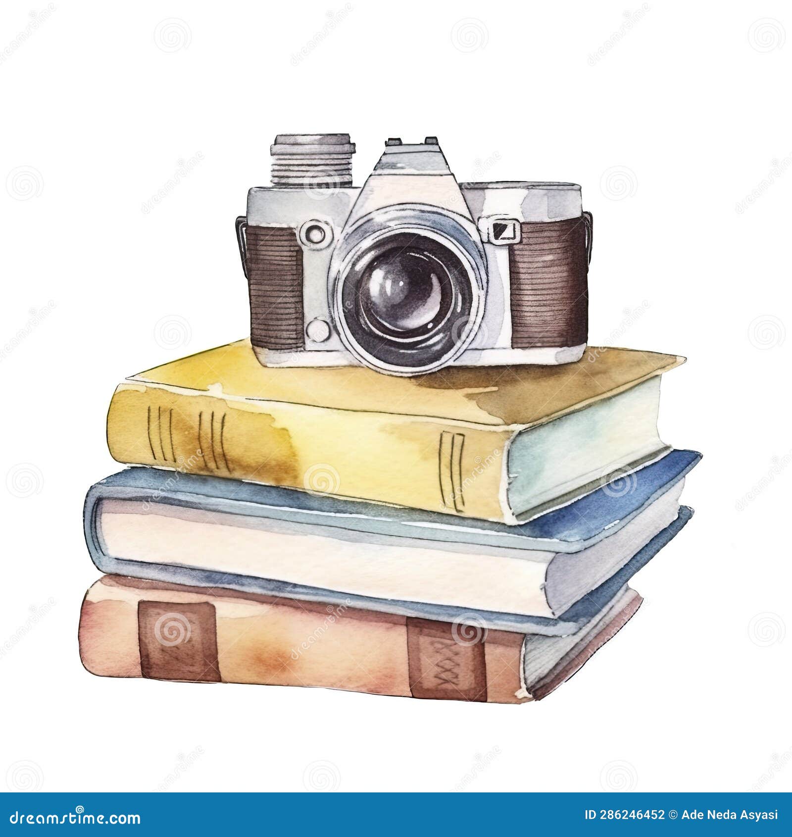 Photo Watercolor of a Books and Camera on a White Background Stock ...