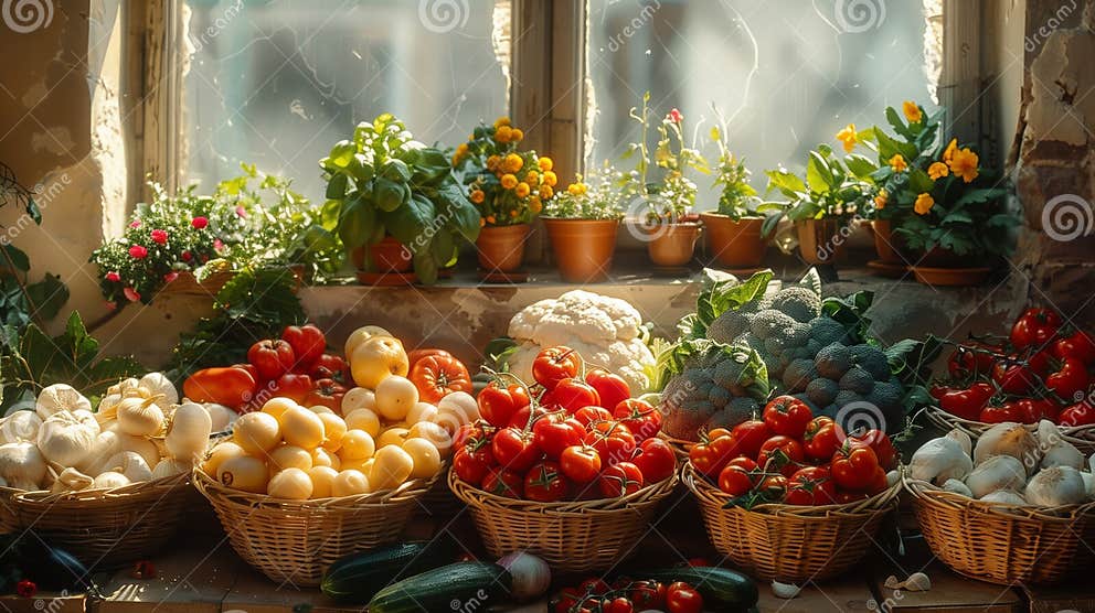 Display of Fresh, Local Produce on a Table by a Window Stock Image ...