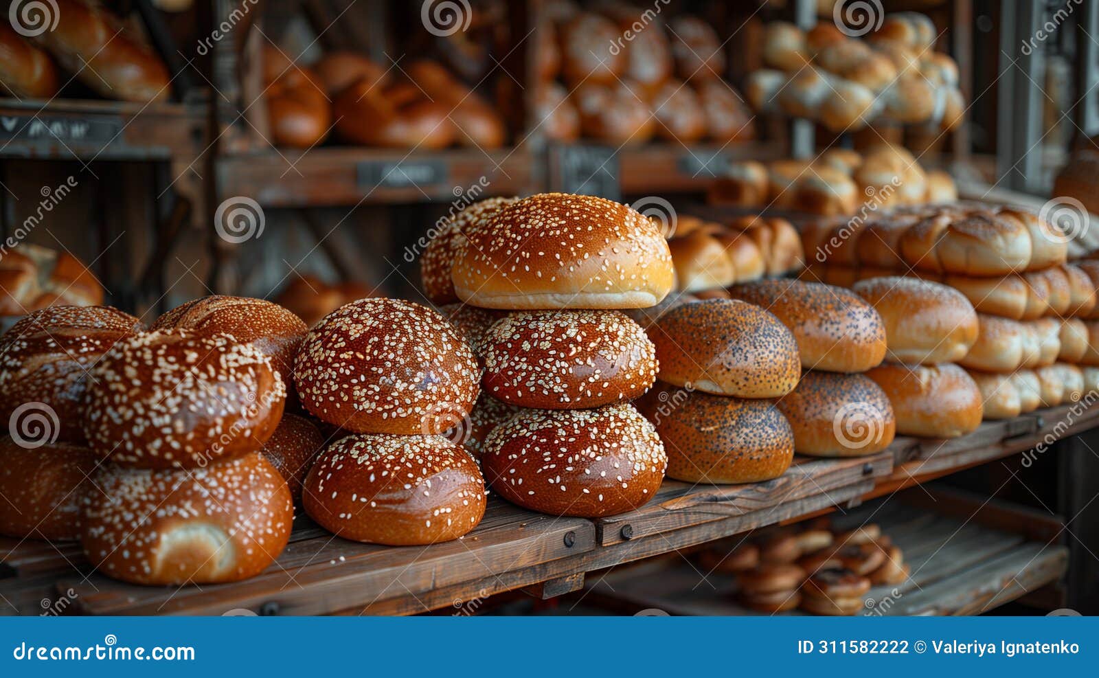 Stacked Buns on Shelf, Part of Staple Food in Bakery Stock Photo ...