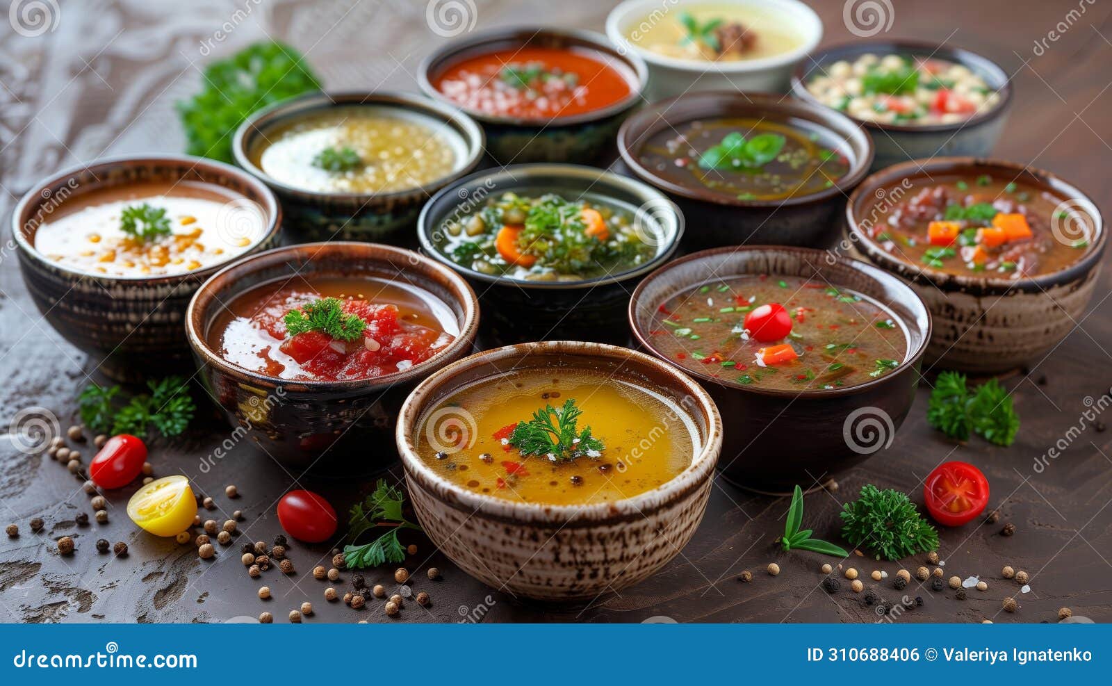 Various Soups Made with Different Ingredients Displayed on the Table ...