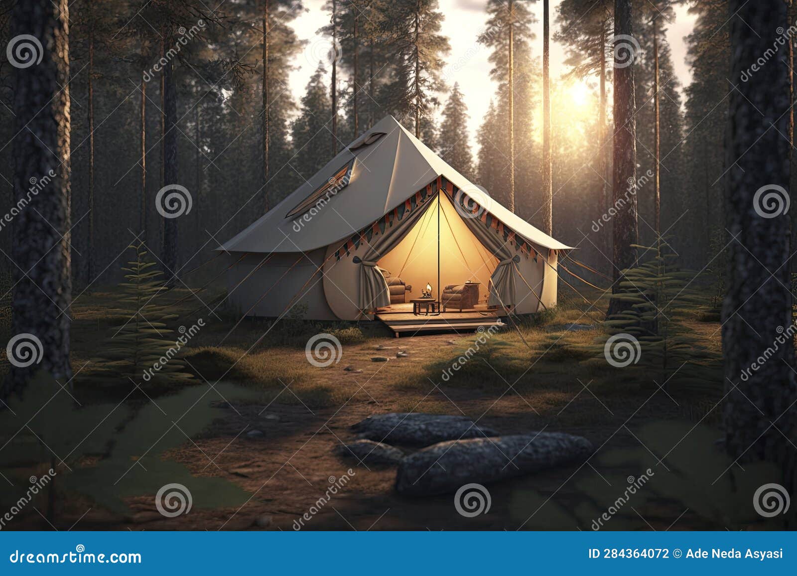 Glamping. Classic Tent At Sunlight, Glamping, Pine Forest Stock Photo | CartoonDealer.com #284364084