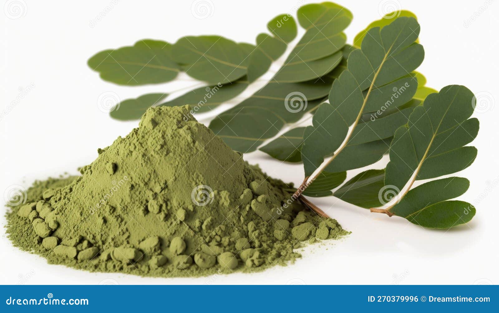 Moringa Powder and Green Leaves on White Background Generative AI Stock ...