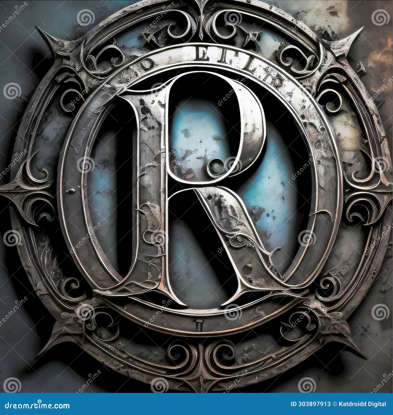 Monogram Letter "R" in Gothic Style, Blue and Brown Tones Stock ...
