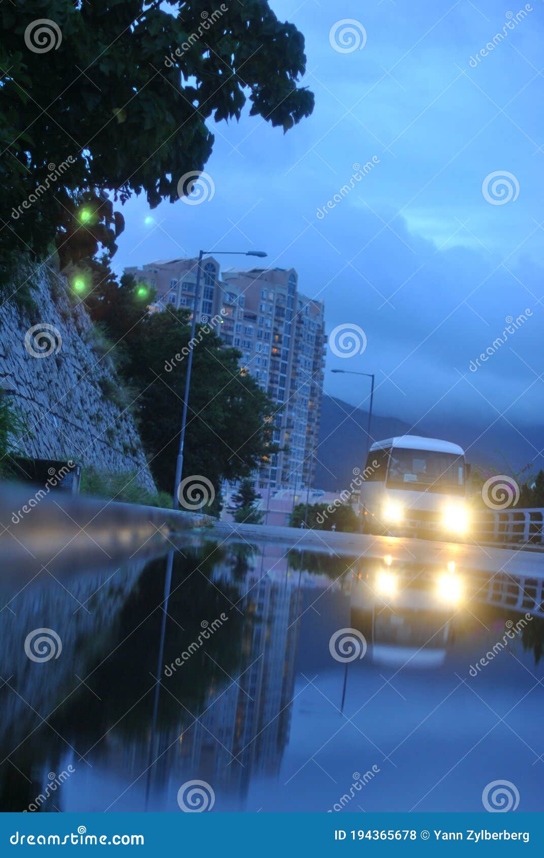 Water Reflection of a Bus on the Road at Night Stock Photo - Image of ...