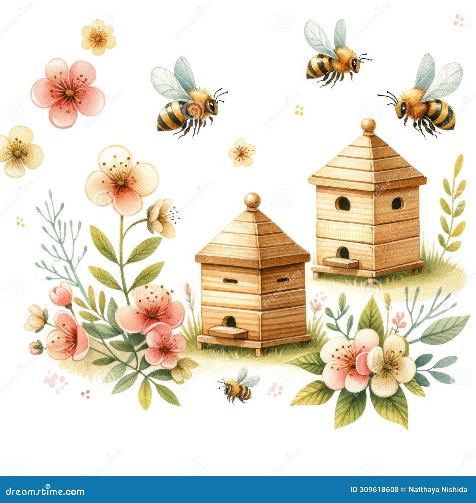 Beehives Farm Images in Watercolor Style Designed with Soft Spring ...