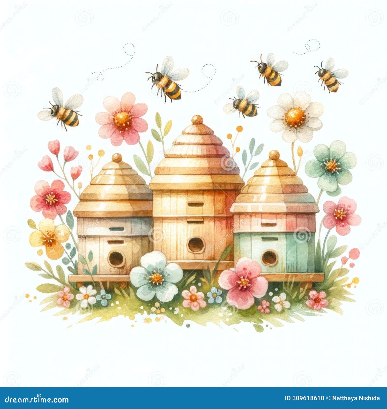 Beehives Farm Images in Watercolor Style Designed with Soft Spring ...