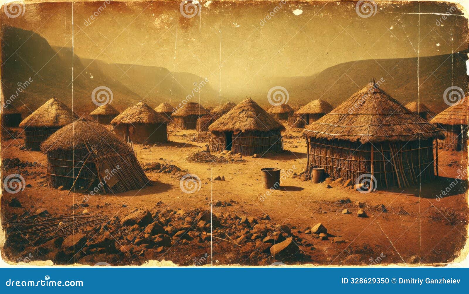 Dawn in African Hamlet stock illustration. Illustration of nostalgia ...