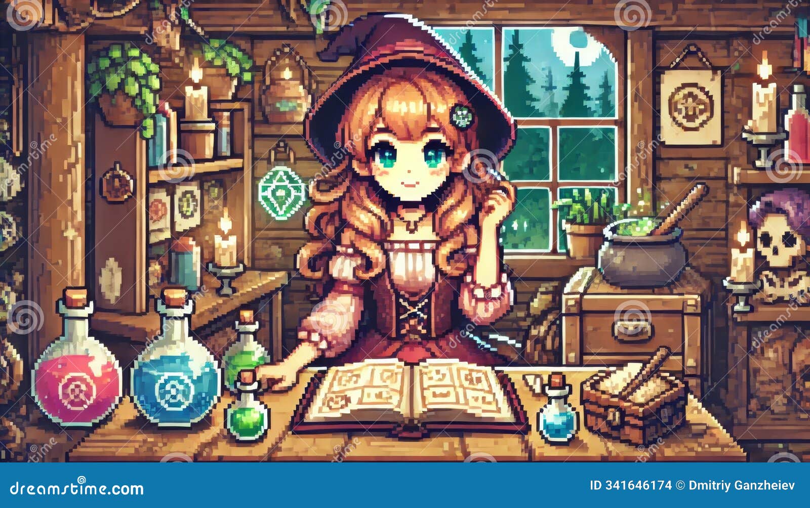 Pixel Art Witch in Potion Room with Books Stock Illustration ...