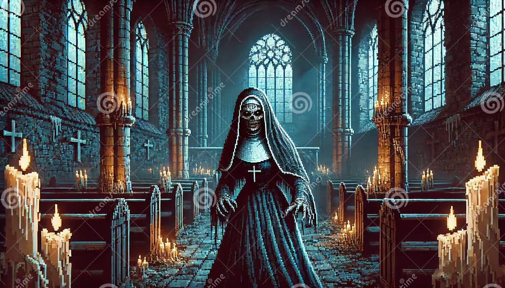 Sinister Nun in Candlelit Gothic Church Stock Illustration ...